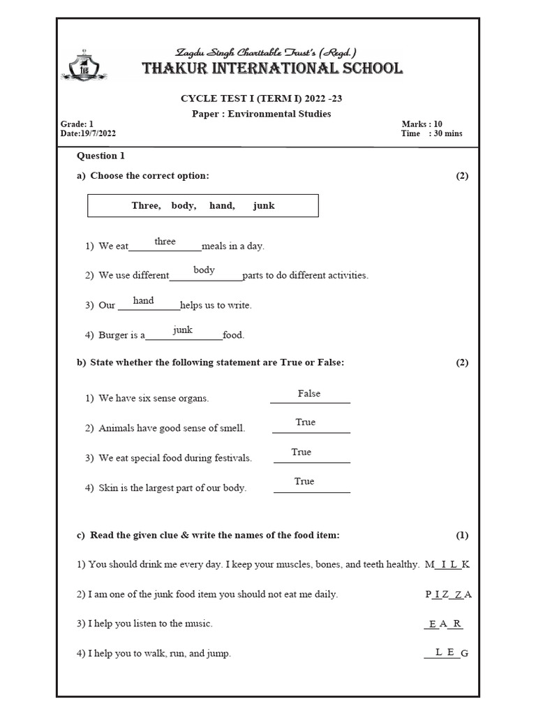 Eval of Evs Cycle Test 1 - A4 | PDF | Foods