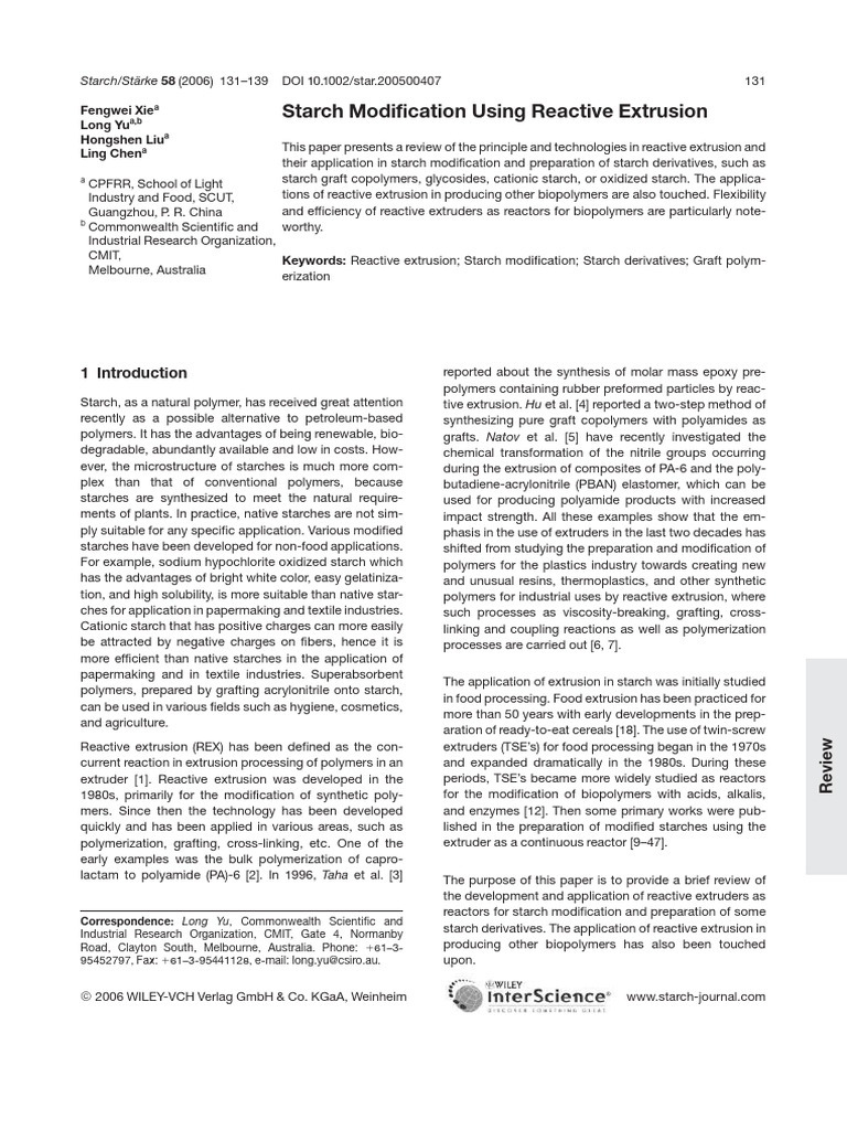 Starch Modification Using Reactive Extru | PDF | Extrusion | Starch