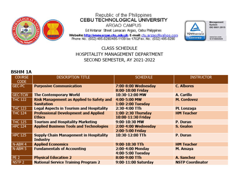 BSHM 1a Class Schedule 2nd Sem | PDF