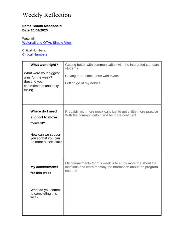 Weekly Reflection and Commitments | PDF