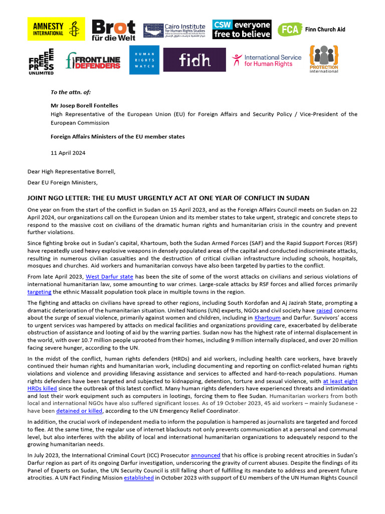 Joint Ngo Letter: The Eu Must Urgently Act at One Year of Conflict in ...