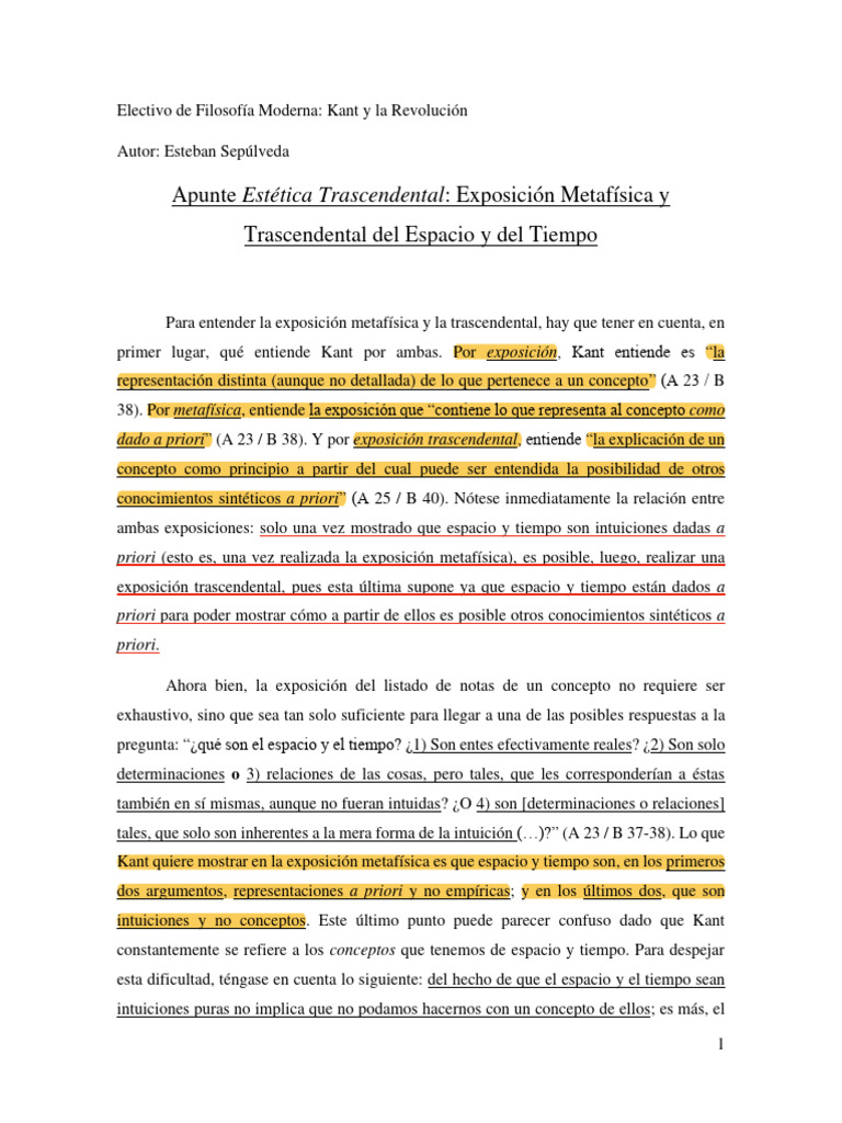Apunte Est Tica Trascendental. Exposici N Metaf Sica y Trascendental | PDF | Immanuel Kant | A ...