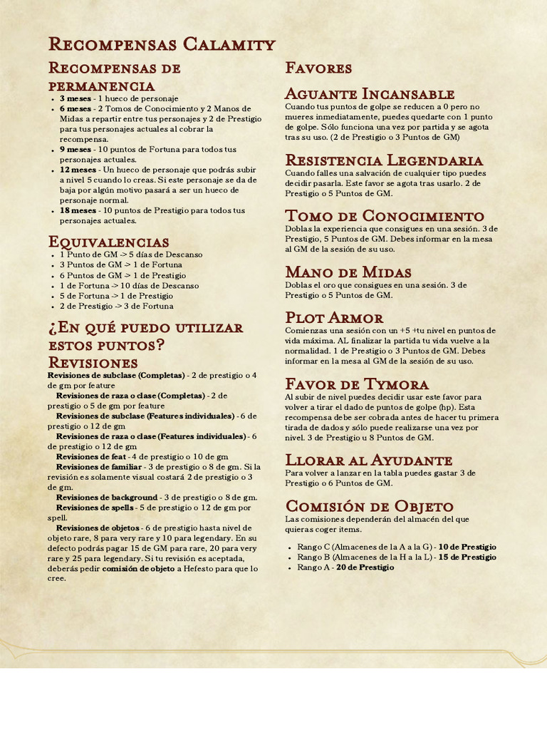 Recompensas Calamity | PDF