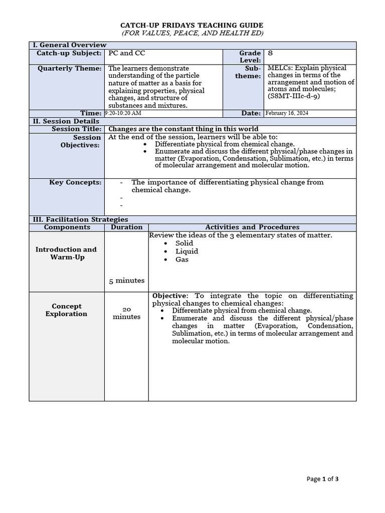 Teaching Guide Catchup Template Health Grade8 Science 8 February 16 2024 | PDF | Molecules ...