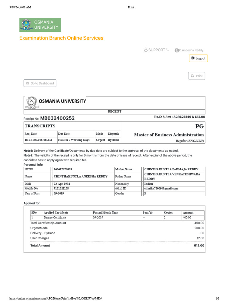 MBA Degree Certificate Receipt | PDF