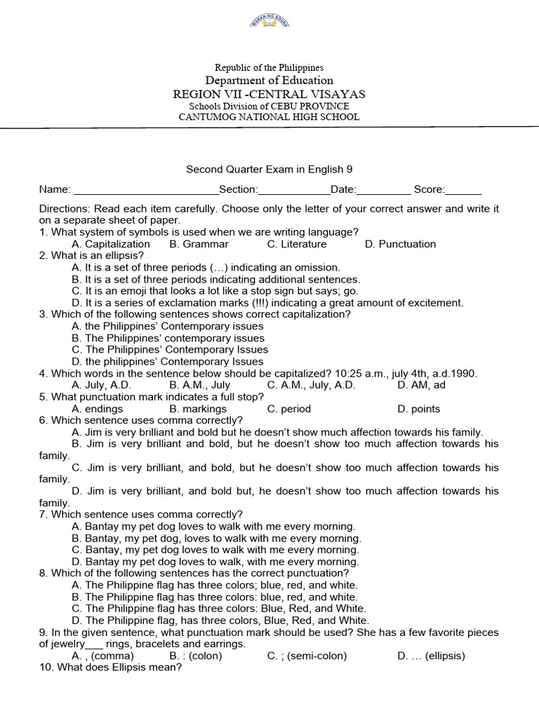 English 9 Second Quarter Exam Guide | PDF | Punctuation | Comma