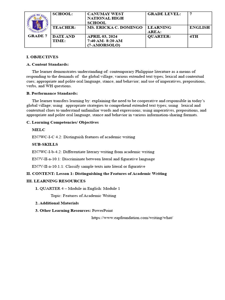 Lesson 1 Day 1 | PDF | Writing | Learning