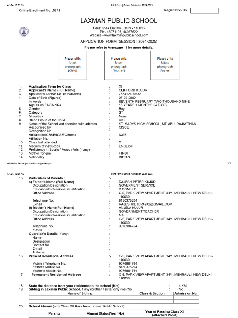 Print Form - School Admission 2024-2025 Laxman | PDF | Birth Certificate