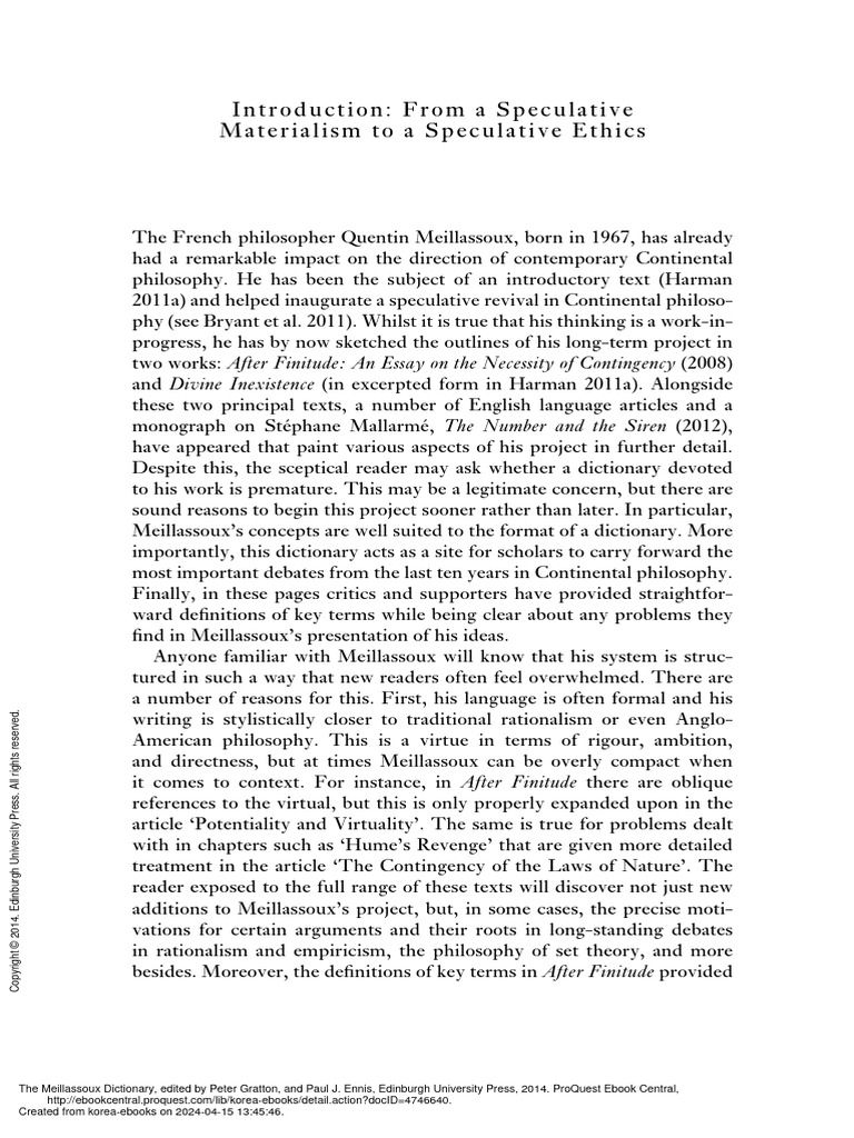 The Meillassoux Dictionary ---- (Introduction From a Speculative Materialism to a Speculative ...