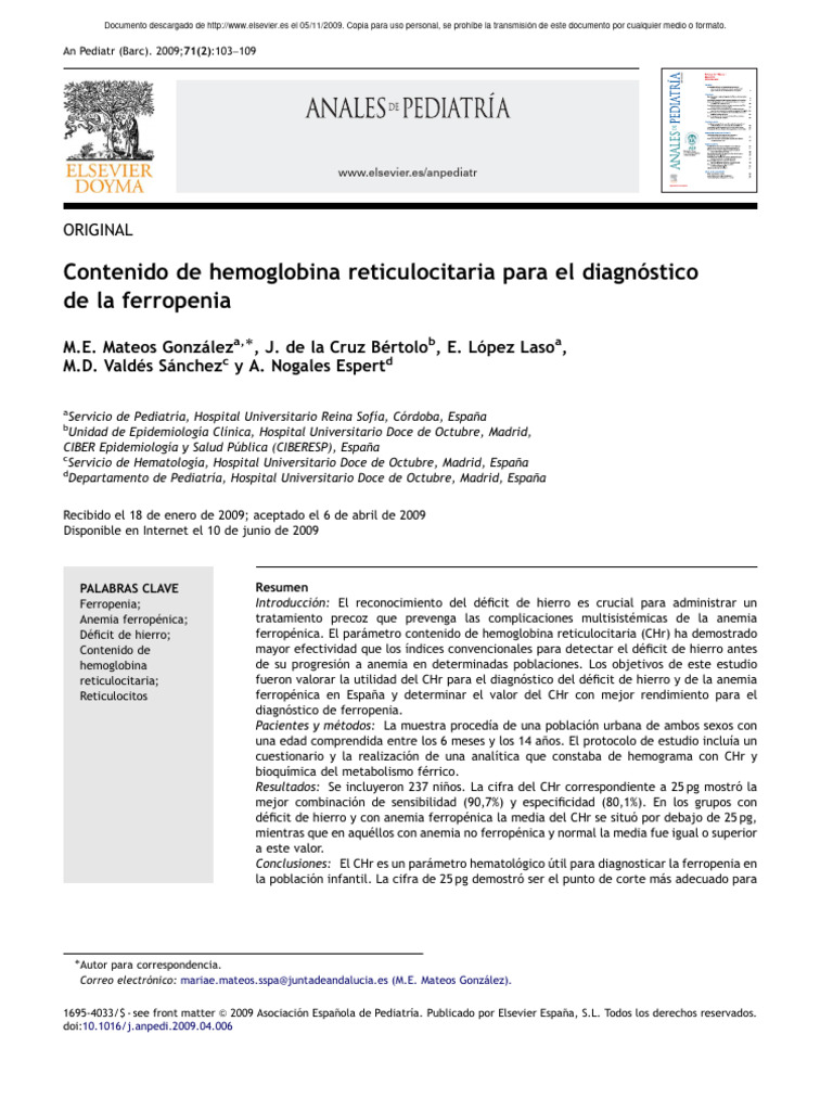 Contenido de Hemoglobina Reticulocitaria para El Diagnóstico de La ...