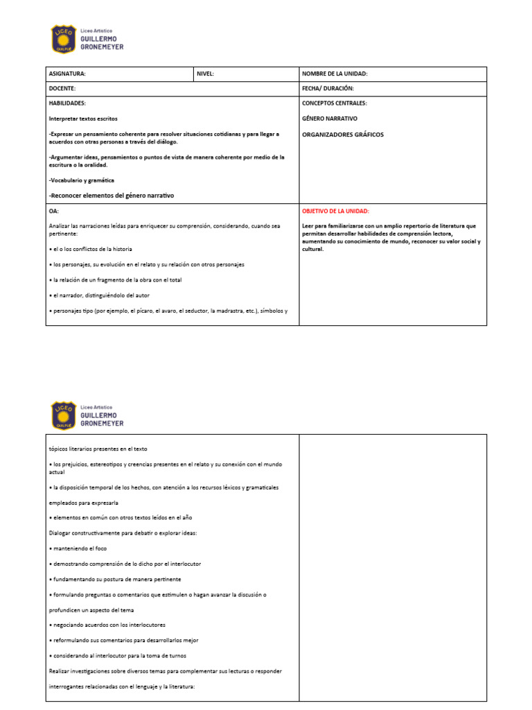 Planificación 8vo Lenguaje | PDF | Narración | Evaluación