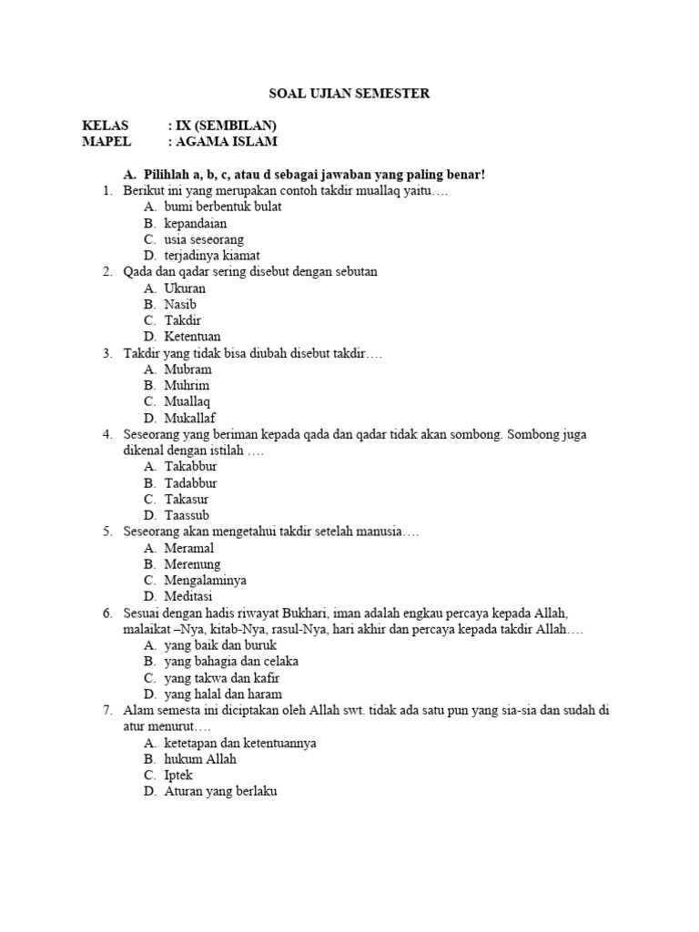 Soal Agama Islam Kelas 9 | PDF | Agama & Spiritualitas