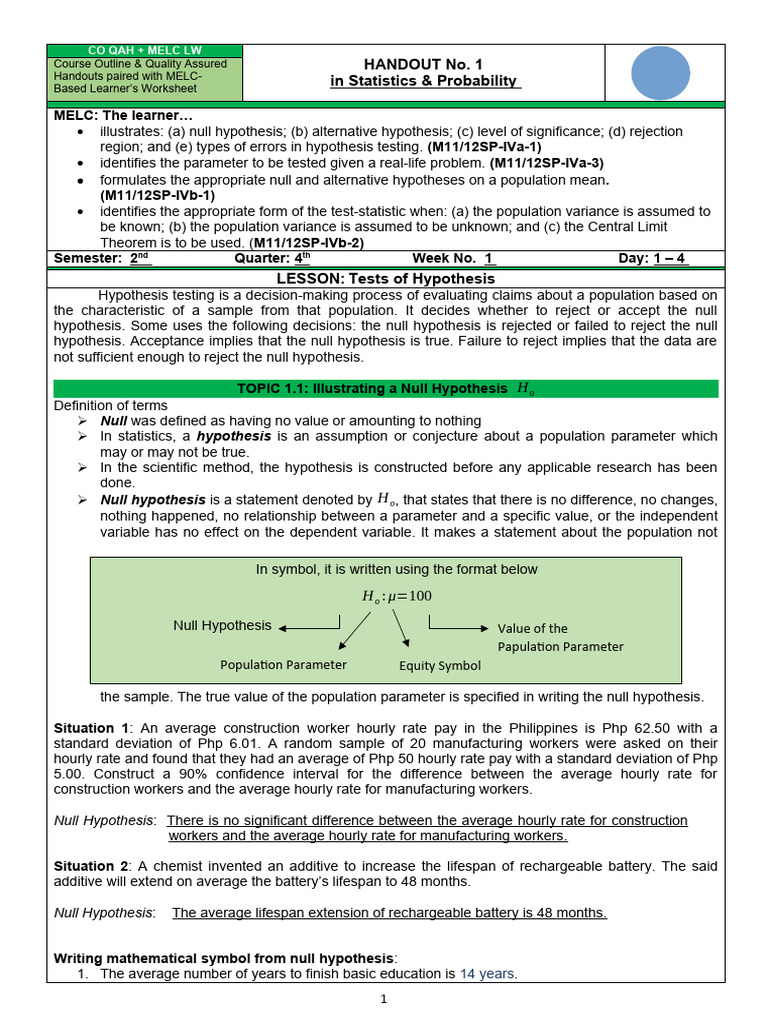 Sp Q4 Week 1 Handout Pdf Statistical Significance Hypothesis