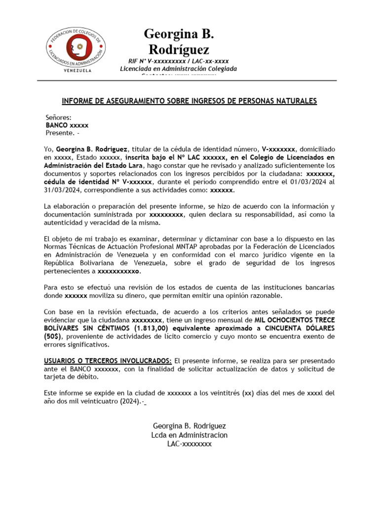 Modelo Informe de Ingresos | Descargar gratis PDF | Documento de identidad