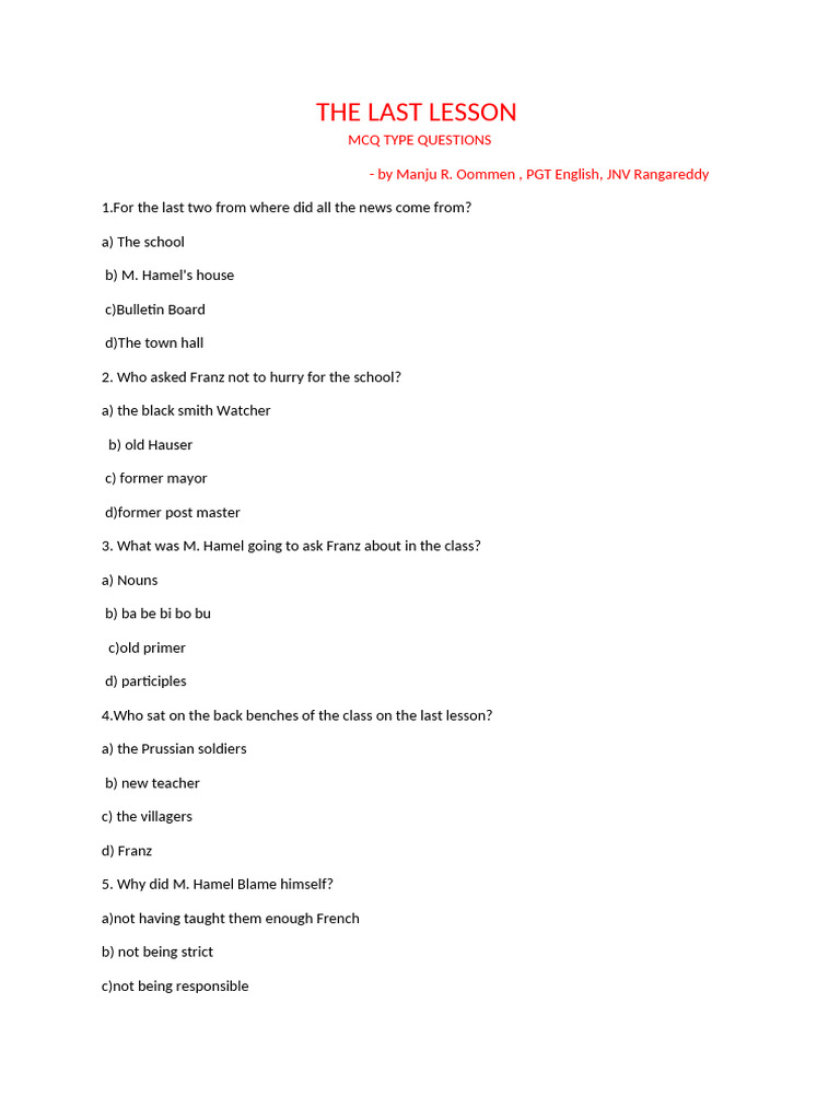 4.the Last Lesson MCQ Type Questions | PDF | General Fiction