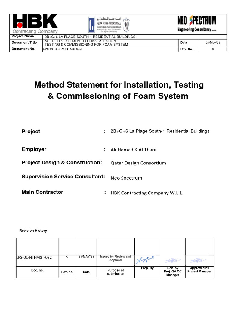 Lps-01-Hti-Mst-Me-032 - Method Statement For Foam Fire Fire Supression System | Download Free ...