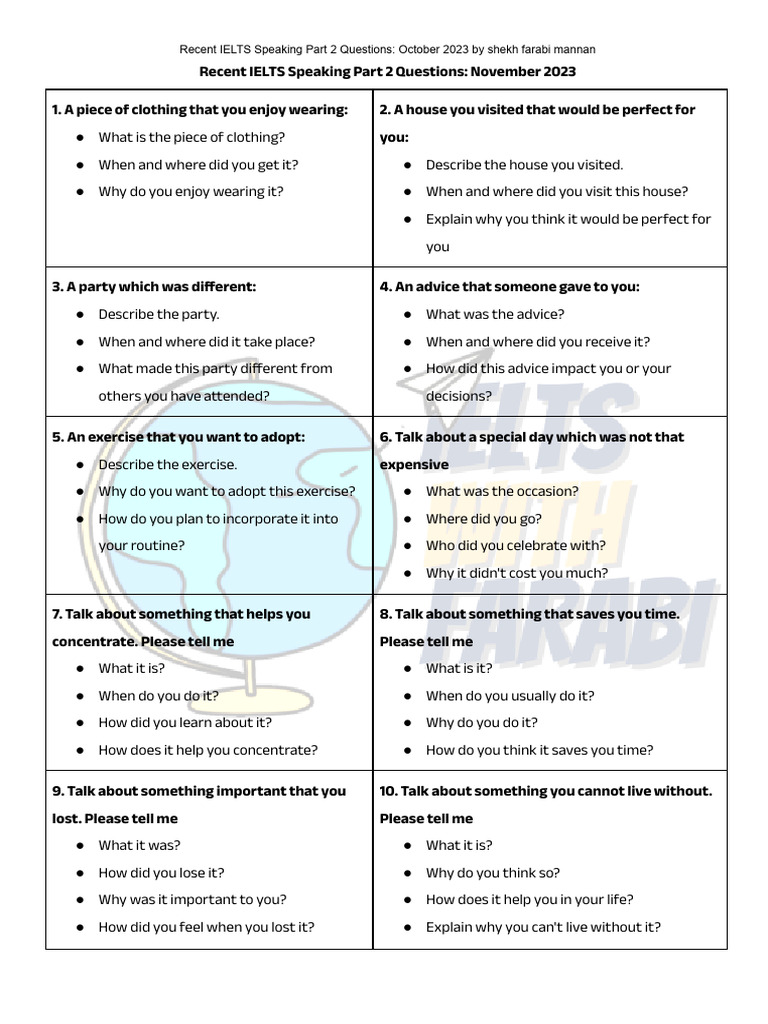 Recent IELTS Speaking Part 2 Questions - November 2023 | PDF