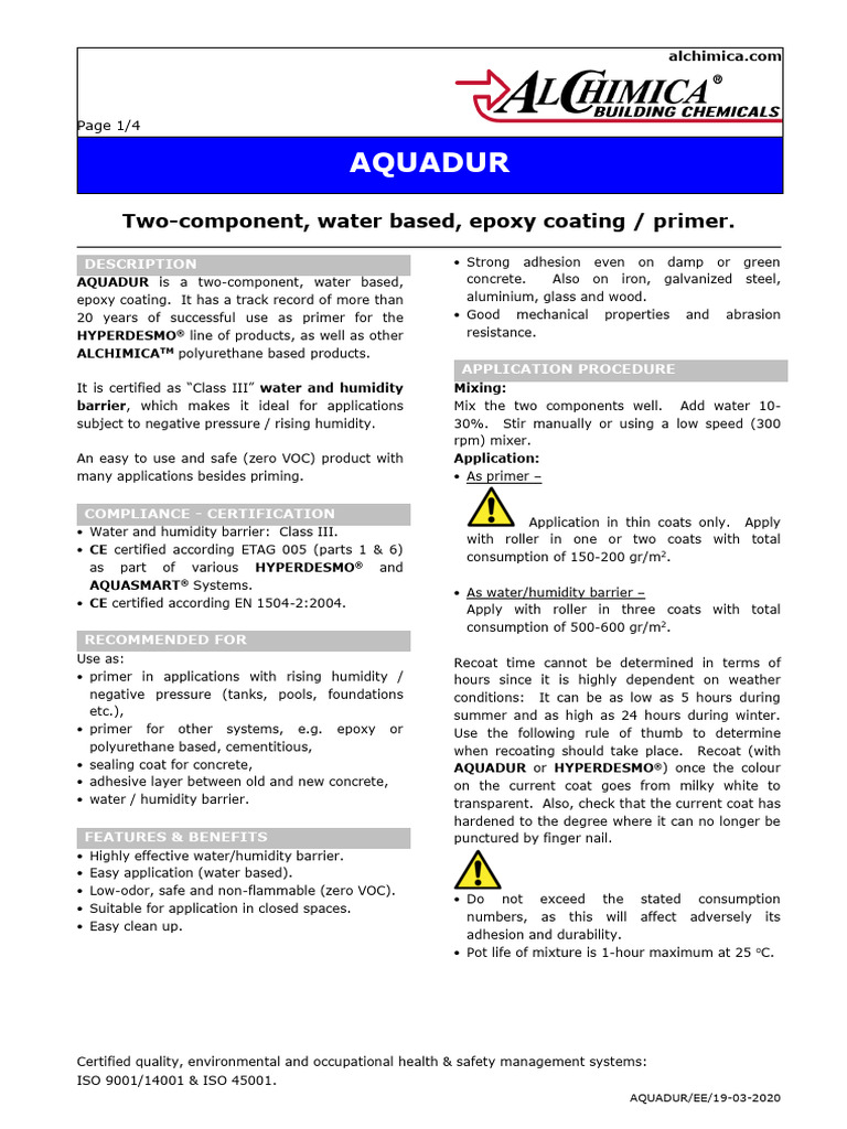 Aquadur: Two-Component, Water Based, Epoxy Coating / Primer | PDF ...