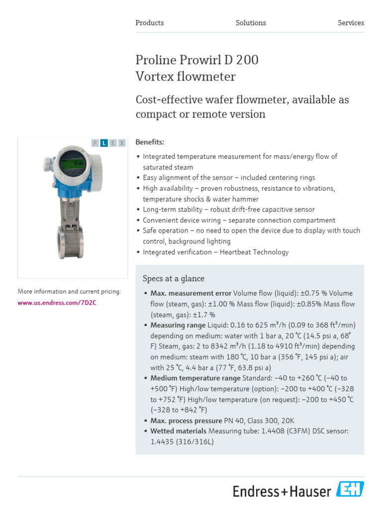 Proline Prowirl D 200 Flowmeter Overview | PDF | Flow Measurement | Sensor