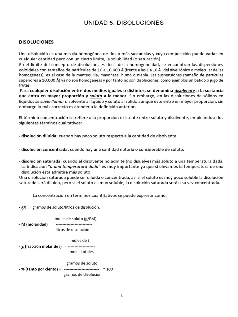Disoluciones. Teoría | PDF | Solubilidad | Concentración