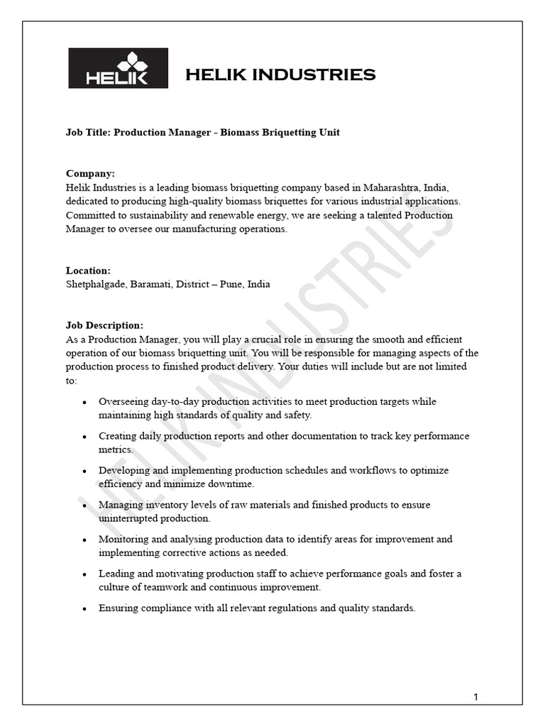 Production Manager Job Profile | PDF | Résumé | Business