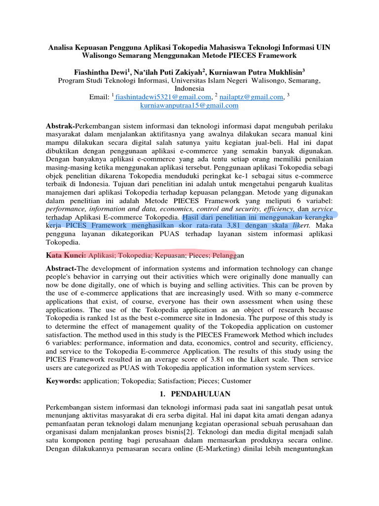 Analisa Kepuasan Pengguna Aplikasi Tokopedia Mahasiswa Teknologi Informasi UIN W (Coret) | PDF ...