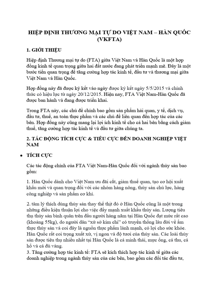 HIỆP ĐỊNH THƯƠNG MẠI TỰ DO VIỆT NAM - HÀN QUỐC (VKFTA) | PDF