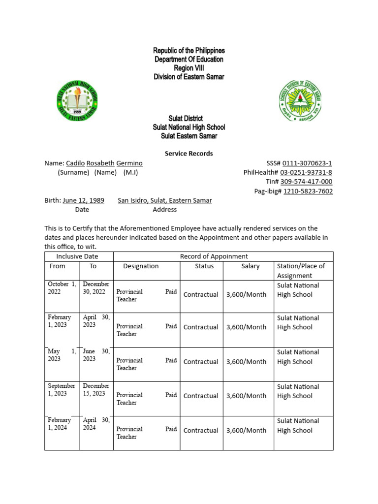SERVICE RECORD | PDF | Government | Economy Of The Philippines