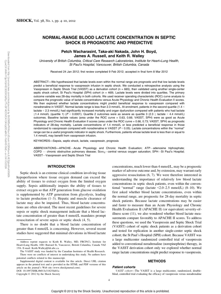Normal-Range Blood Lactate Concentration in Septic Shock Is Prognostic ...