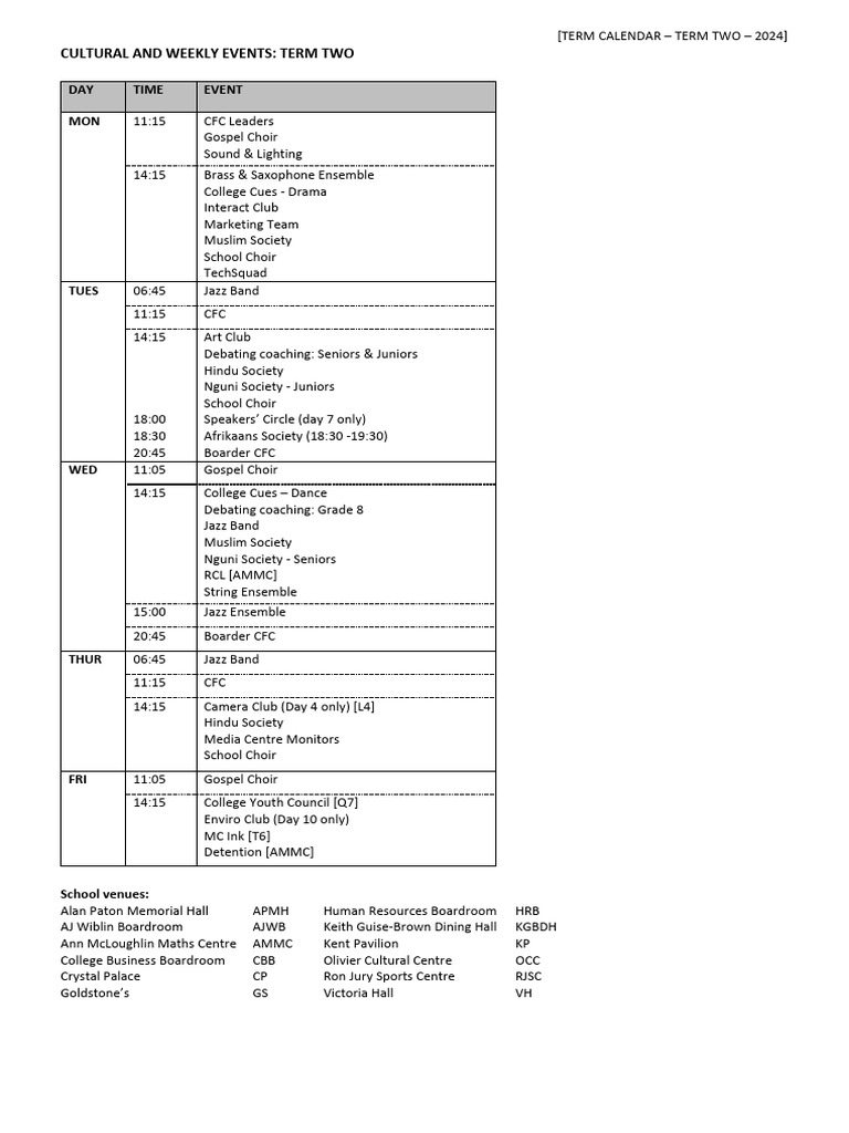 Term Two 2024 Event Calendar | PDF | Sports