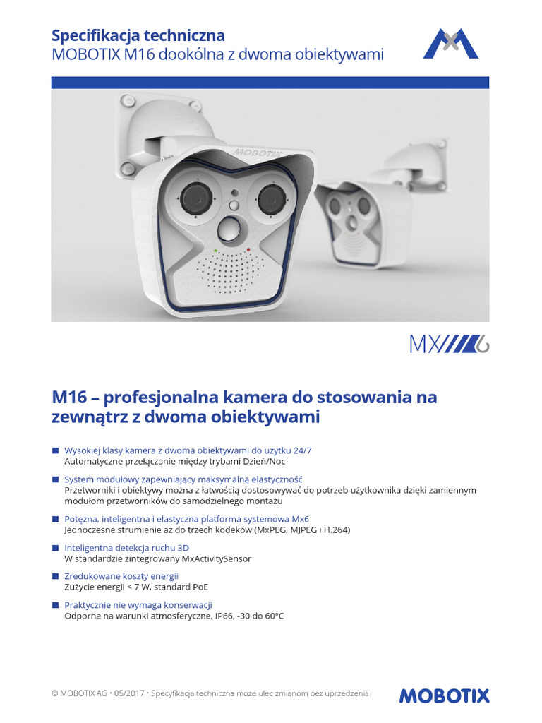 MOBOTIX M16 Dookólna Z Dwoma Obiektywami: Specifikacja Techniczna | PDF
