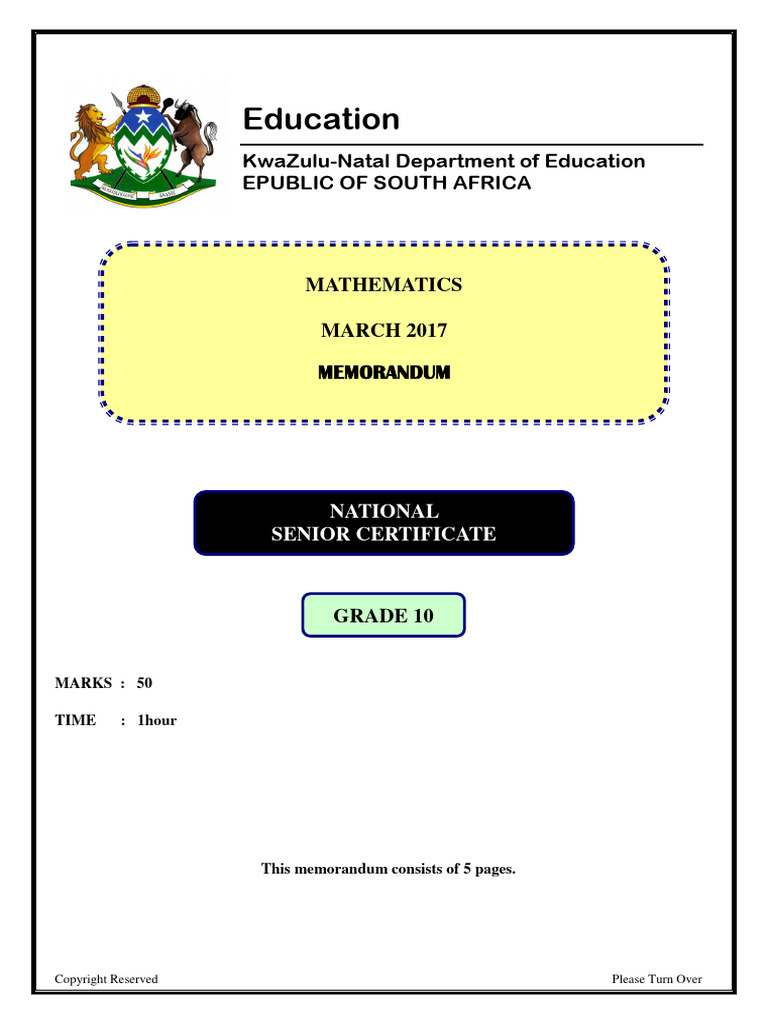 Mathematics March 2017 Memo - GR 10 | PDF | Applied Mathematics ...