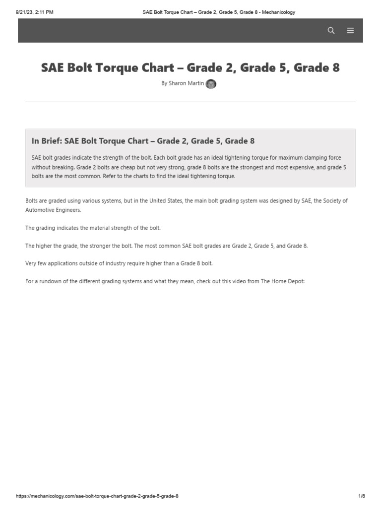 SAE Bolt Torque Chart – Grade 2, Grade 5, Grade 8 - Mechanicology | PDF ...