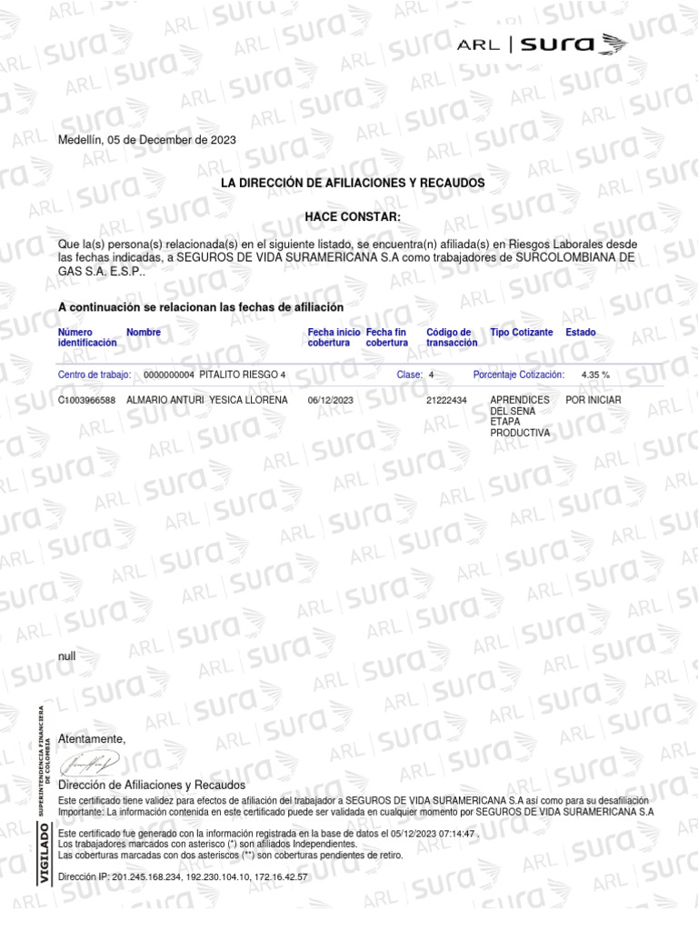 Certificado de Afiliación ARL 2023 | PDF