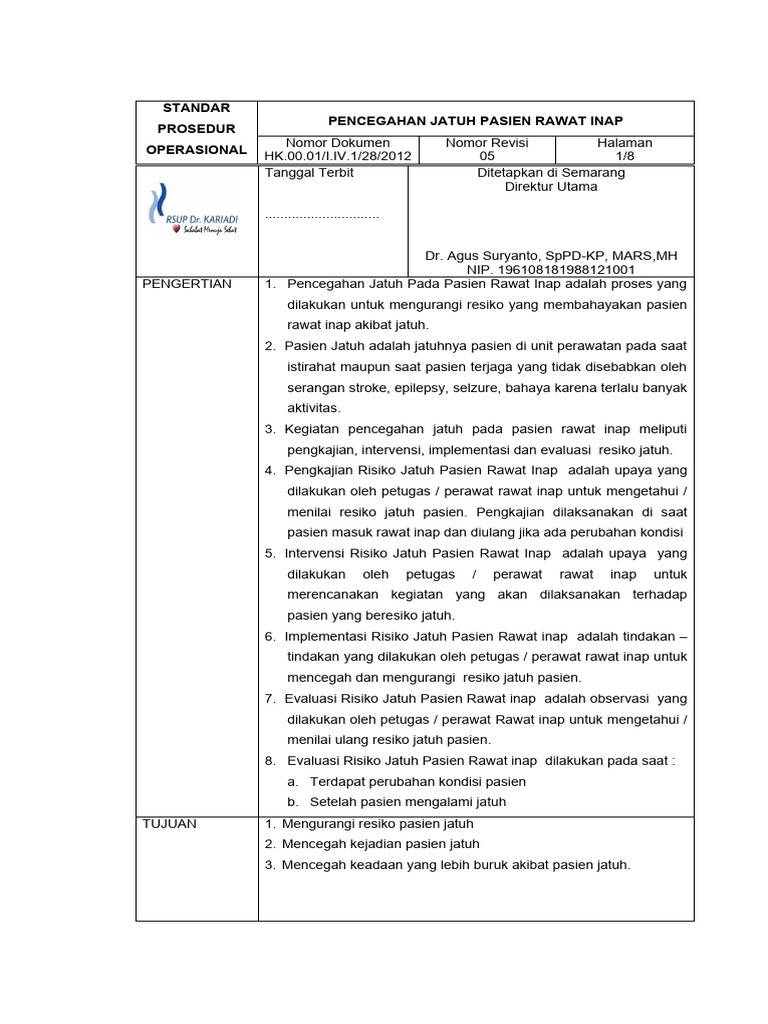 SKP 6. SPO Pencegahan Jatuh Pasien Rawat Inap 24jan18 | PDF