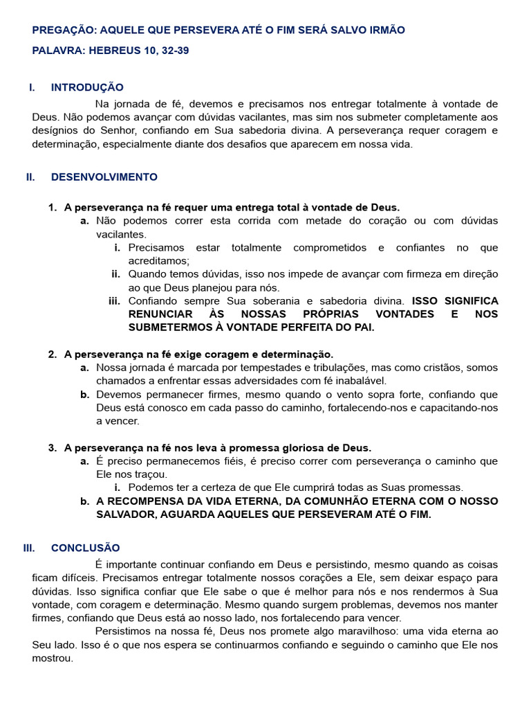 Aquele Que Persevera Até o Fim Será Salvo Irmão | PDF | Fé | Deus