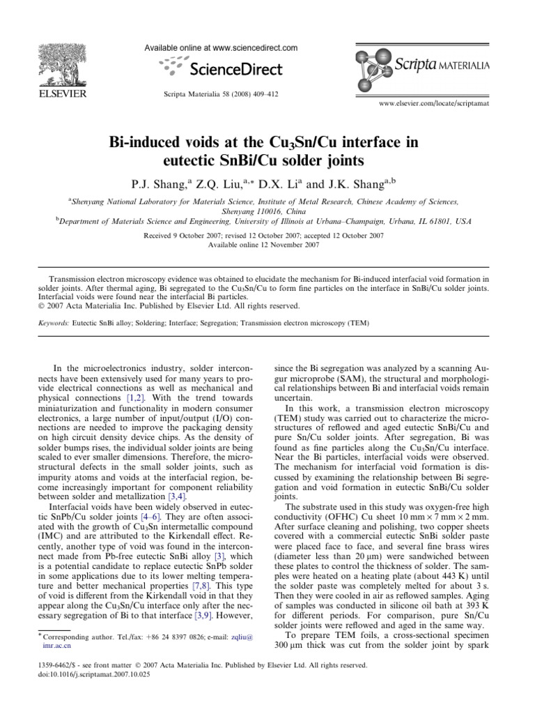 Bi Segregation, Kirkendall Voids, Eutectic Snbi, Cu Substrate | PDF ...