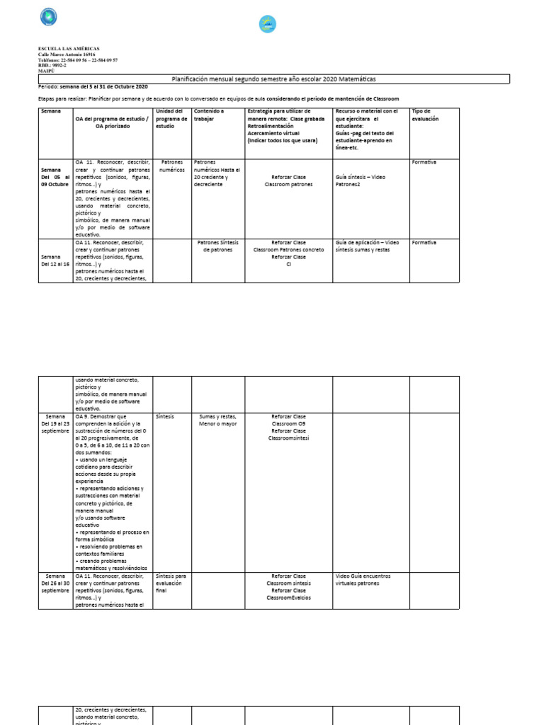 Planificación Mensual Año Escolar 2020 Octubre Primero A y B ...