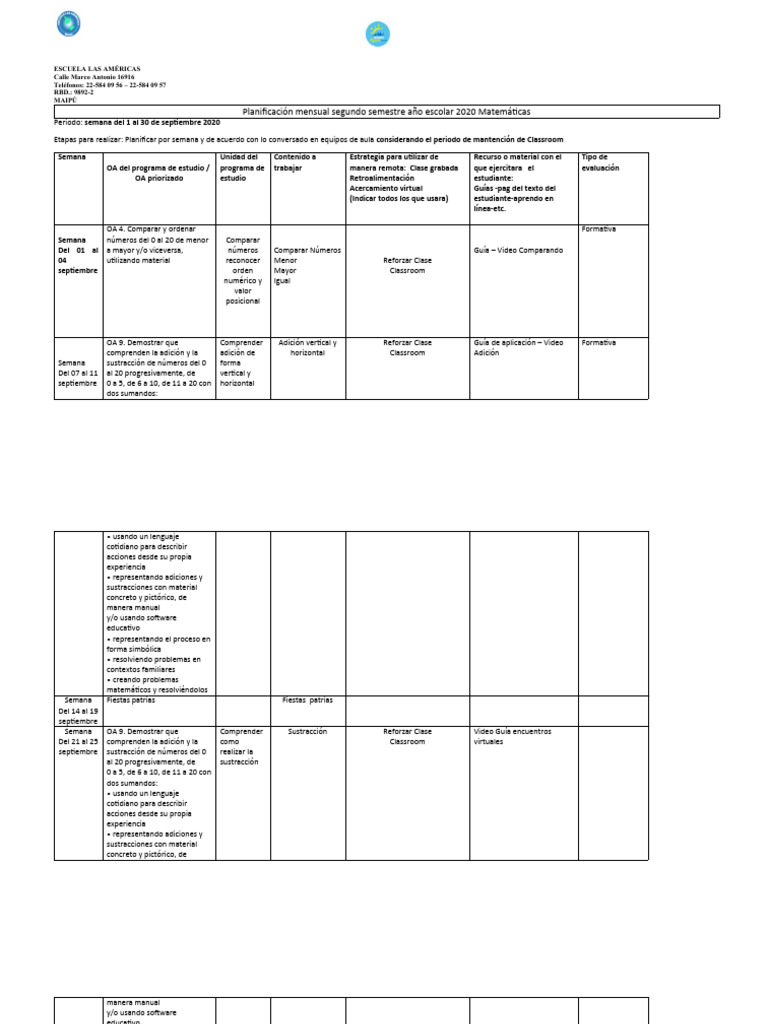 Planificación Mensual Año Escolar 2020 Septiembre Primero A y B ...