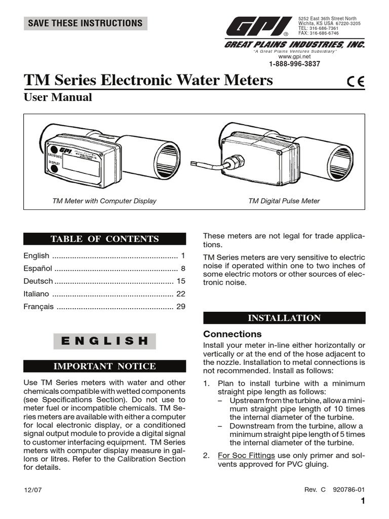 TM Series Electronic Water Meter Manual | PDF | Calibration | Gallon