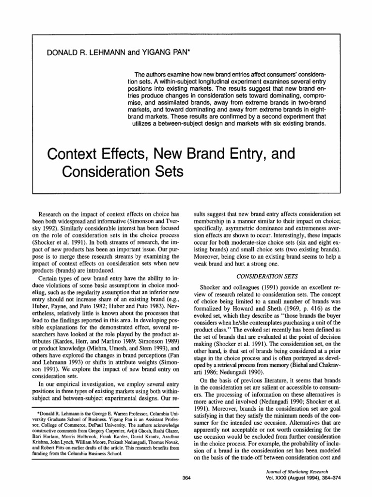 Context Effects, New Brand Entry, and Consideration Sets | PDF | Brand ...