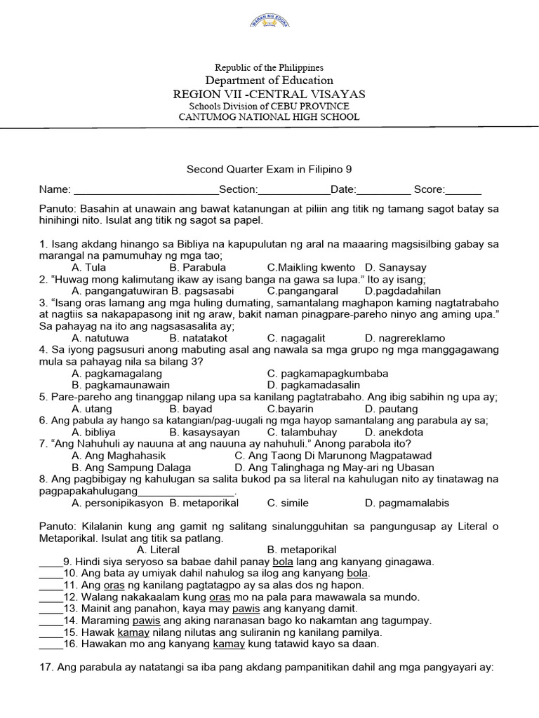 Third-Quarter-Exam-Filipino 9 | PDF
