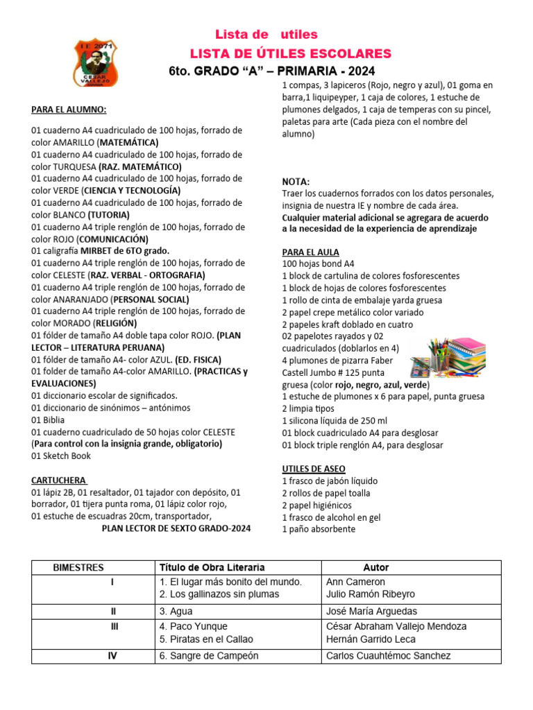 Lista de Útiles 6to Grado 2024 | PDF | Cuaderno | Color