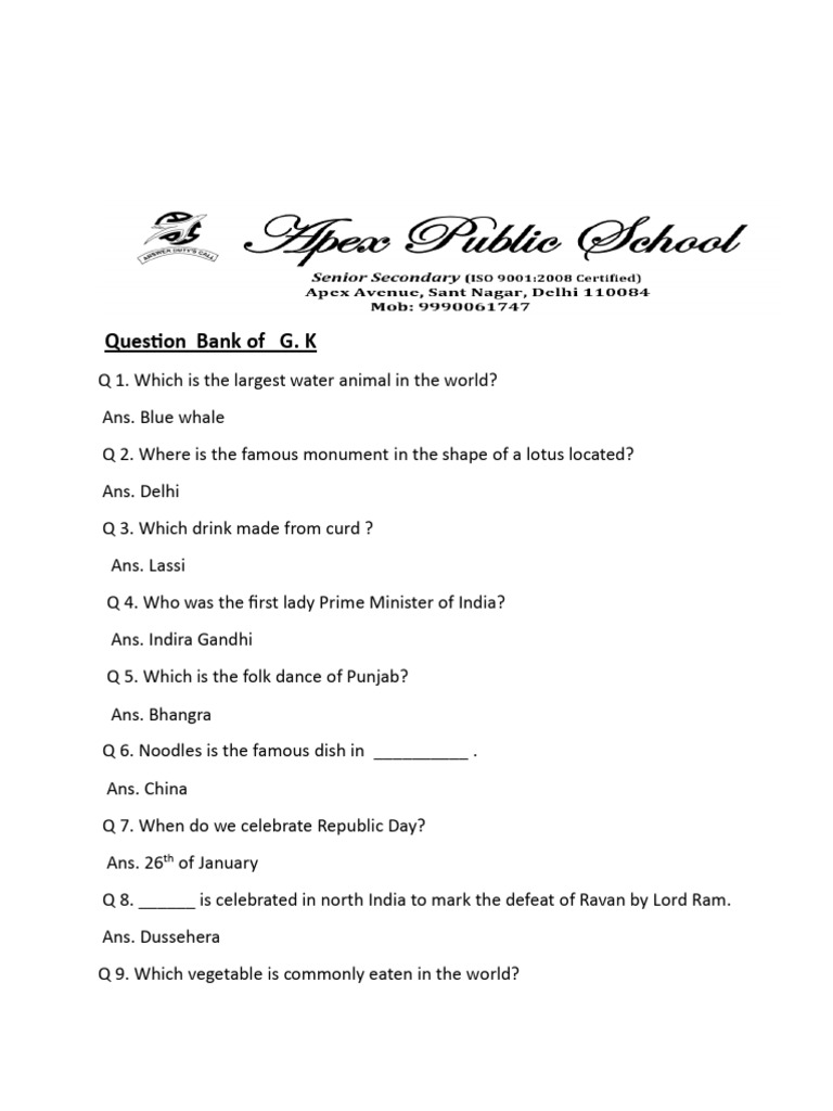 Class-1 Question Bank G. K | PDF