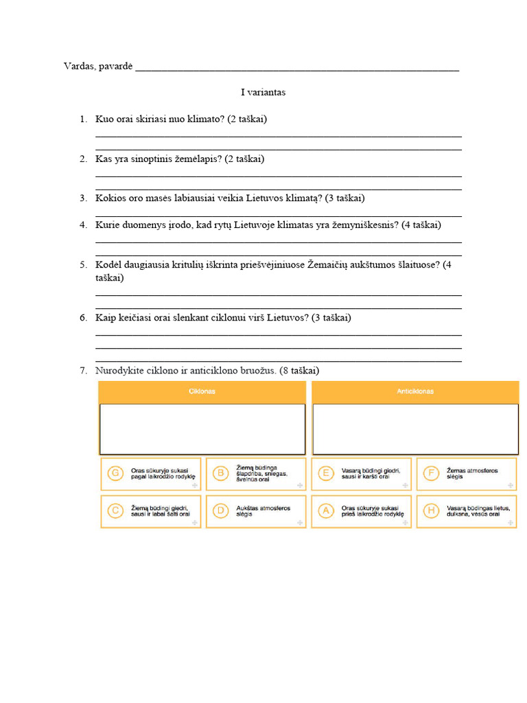 Orai Ir Klimatas Kontrolinis Darbas IX Klasė I Variantas | PDF