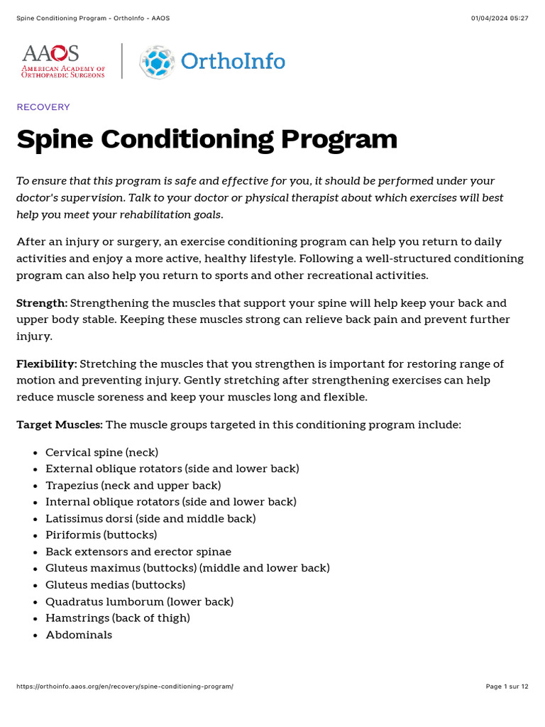 Spine Conditioning Program - OrthoInfo - AAOS | PDF | Anatomical Terms ...
