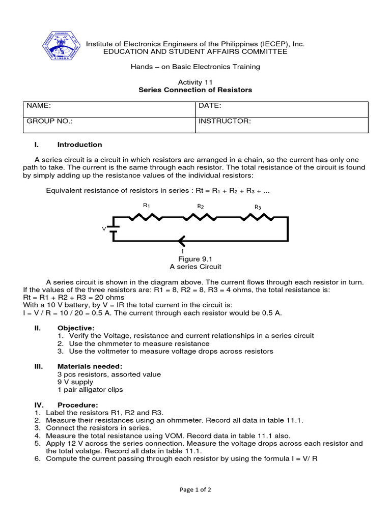 Activity 11 Series Connection Of Resistors Pdf Resistor Electrical Resistance And Conductance