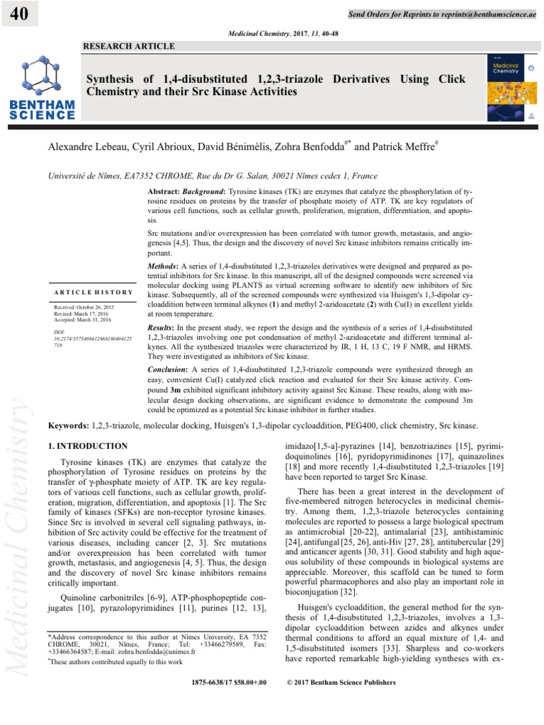 Synthesis of 1,4-Disubstituted 1,2,3-Triazole Derivatives Using Click Chemistry and Their SRC ...