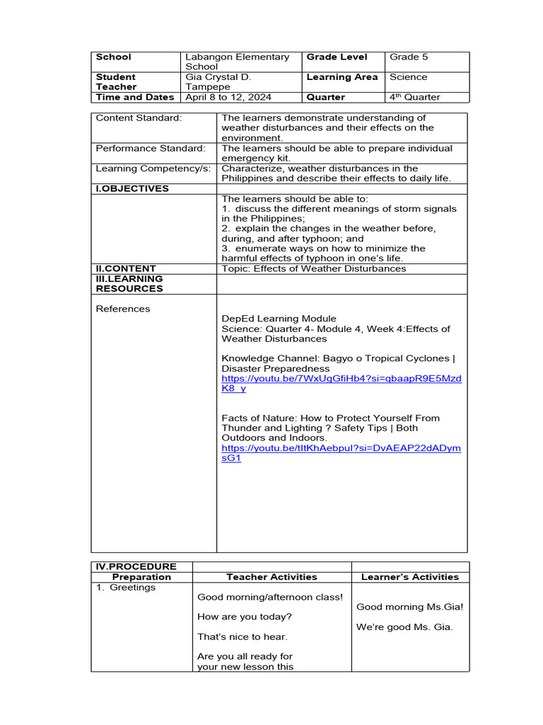 DLP - Grade 5 Effects of Weather Disturbances - Docx - FINAL | PDF ...
