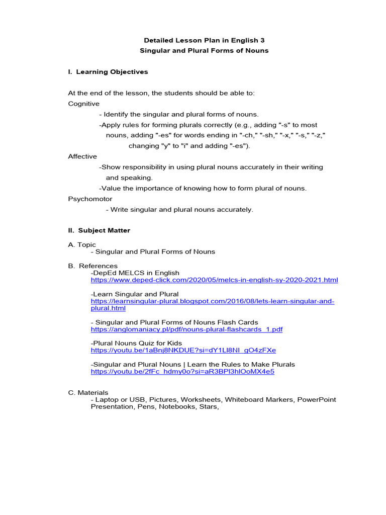 Detailed Lesson Plan in English 3 - Tampepe | PDF | Plural ...